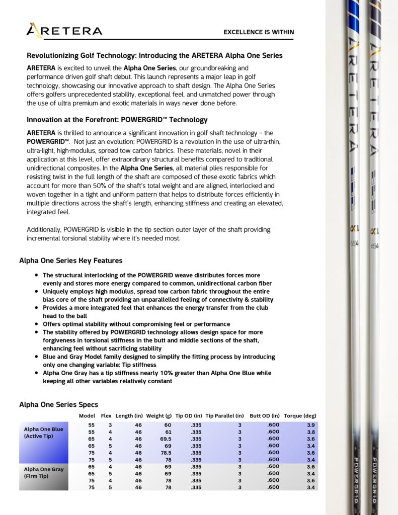 Aretera Alpha One Golf Shaft - Blue/Grey (PowerGrid Technology) - 99Golf